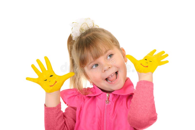 Girl Keeps Hands Which are Painted in Yellow Color Stock Photo - Image ...