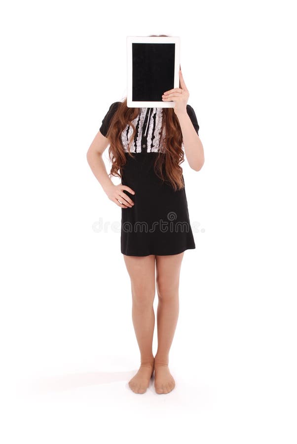 Girl Keeps Tablet Pc in Front of Face Stock Image - Image of tablet ...