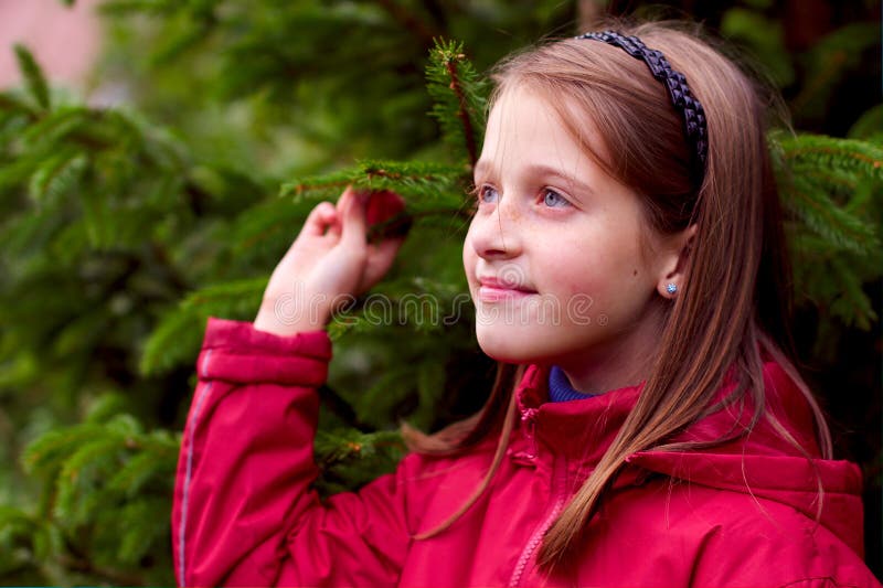 Girl Kid Looking and Posing Near the Green Tree Stock Image - Image of ...