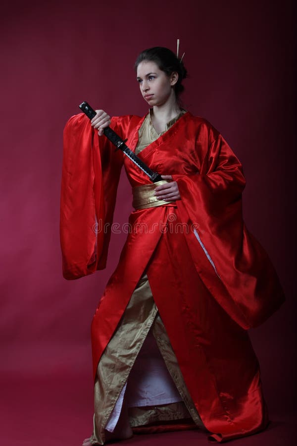 Girl in a Kimono with a Katana Stock Photo - Image of brunette, asian ...