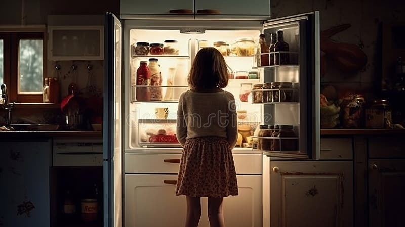 Girl in Kitchen Opening Fridge Door Looking Back View. Generative AI ...