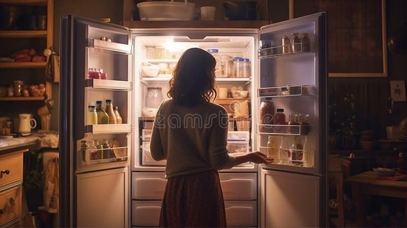 Girl in Kitchen Opening Fridge Door Looking Back View. Generative AI ...