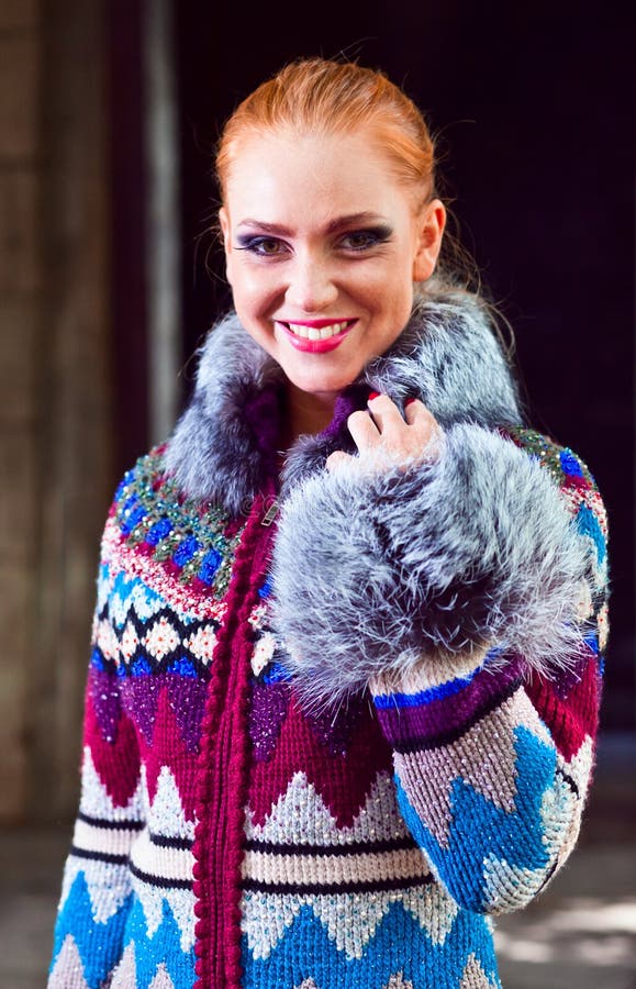 Girl in a knitted coat stock photo. Image of hair, outdoors - 34143700