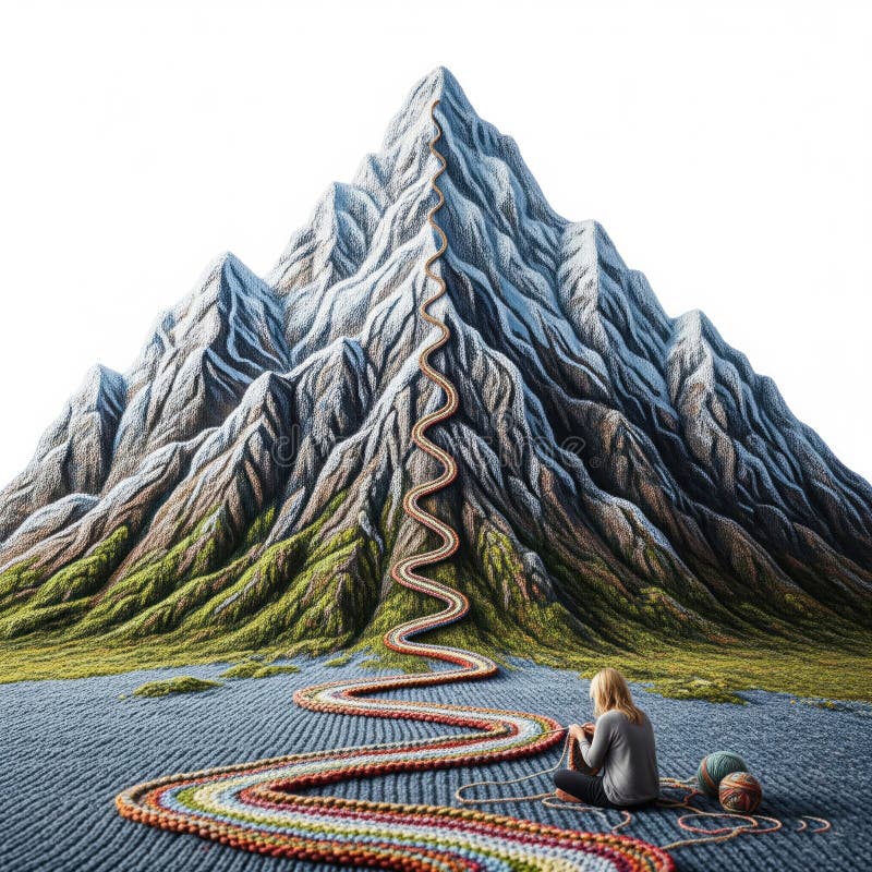 A Girl is Knitting a Multi-colored Road To the Top of the Mountain from ...