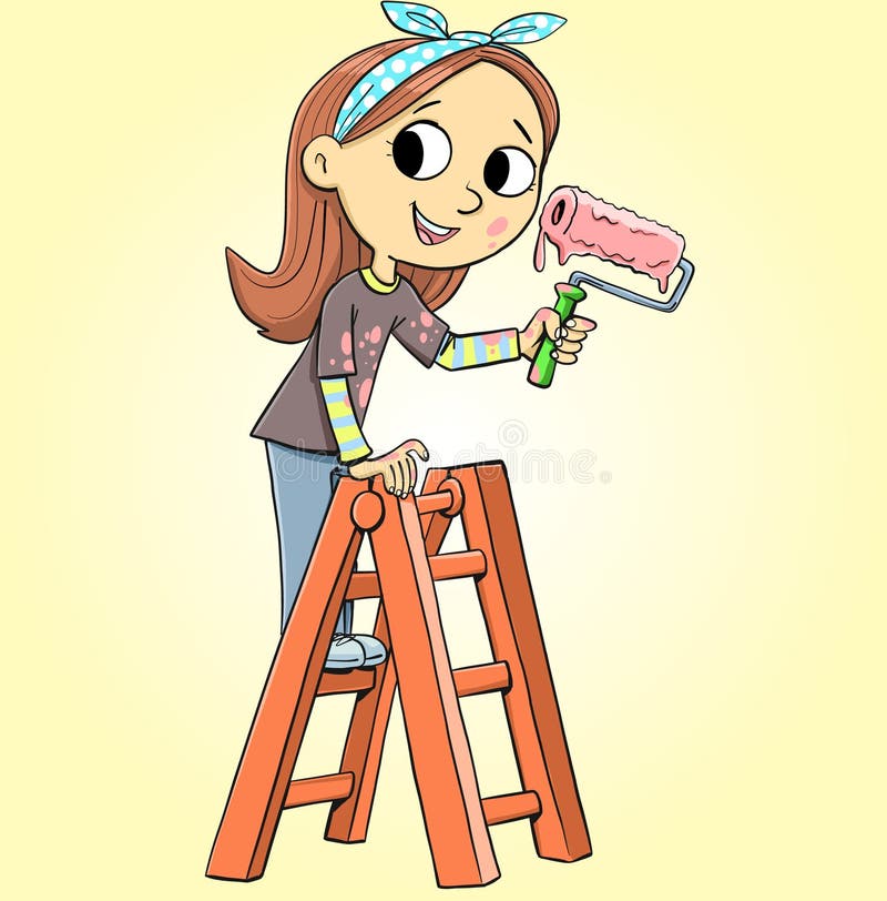 Girl on a Ladder with a Pink Paint Roller Stock Illustration ...
