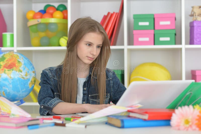 Girl with Laptop at Home at Desk Stock Photo - Image of table, smart ...