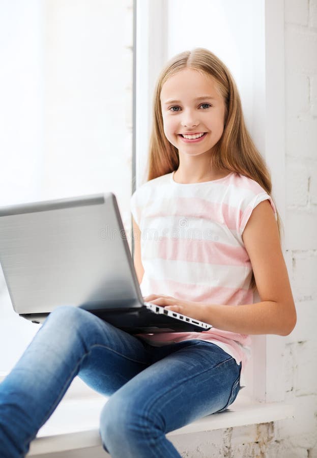 Girl with Laptop Pc at School Stock Image - Image of classroom, child ...