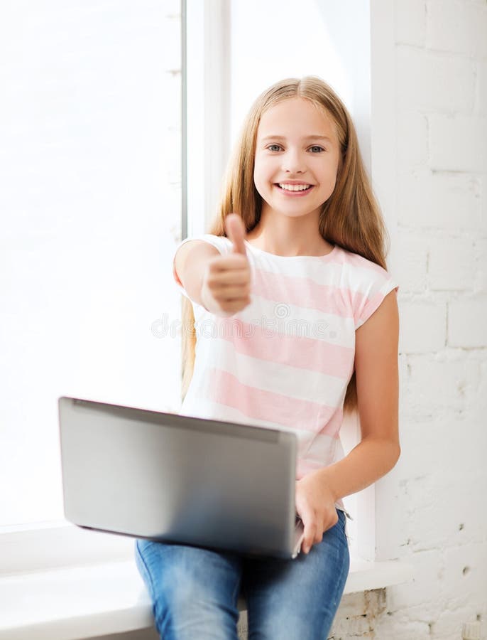 Girl with Laptop Pc at School Stock Image - Image of school, education ...
