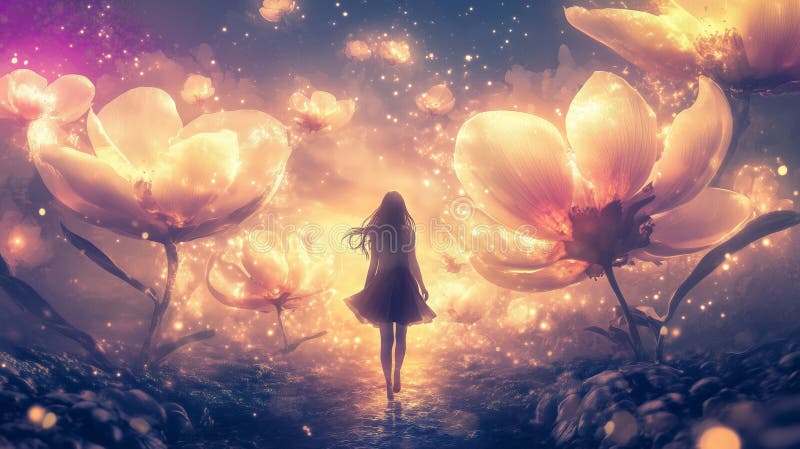 A Girl Leading into a Phantasy Worlds with Large Flowers Stock Image ...
