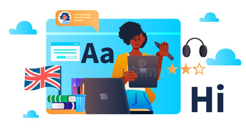 Girl Learning Language on Laptop Online Education E-learning Concept ...