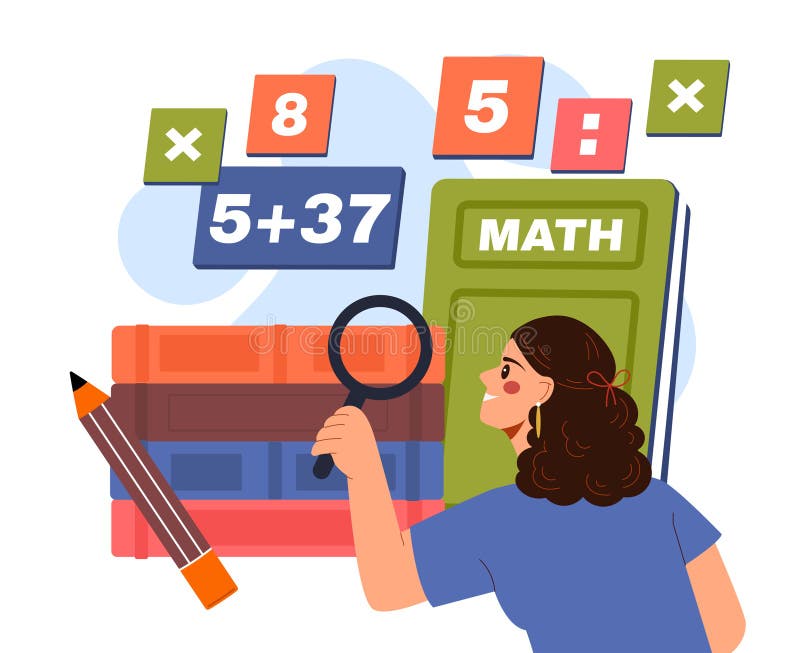 Girl Learning Math with Books and Tools. Vector Illustration Stock ...