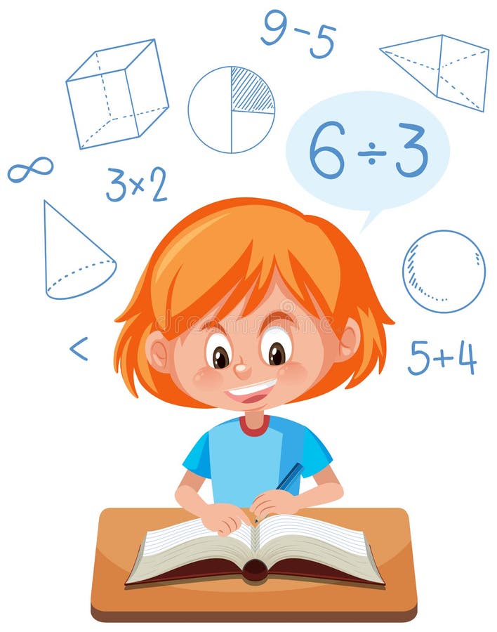 Girl Learning Math with Math Symbol and Icon Stock Vector ...