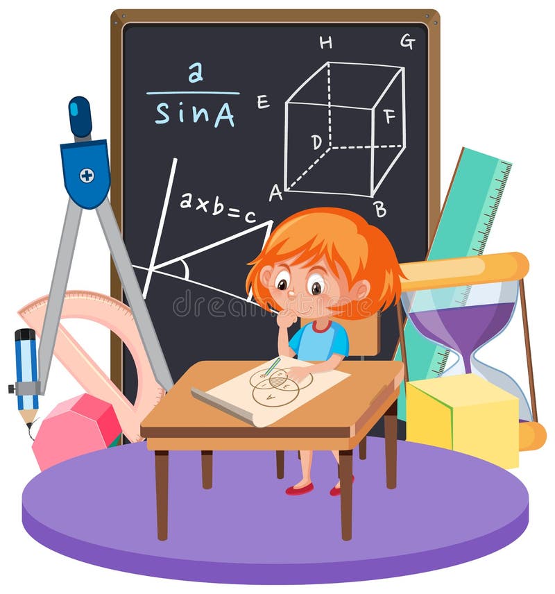 Girl Learning Math with Math Symbol and Icon Stock Vector ...