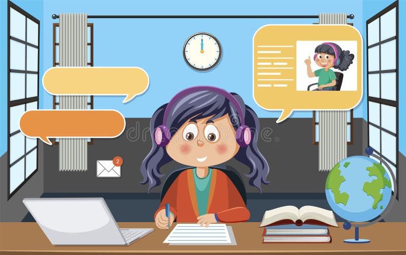 A Girl Learning Online Using Laptop Stock Vector - Illustration of girl ...