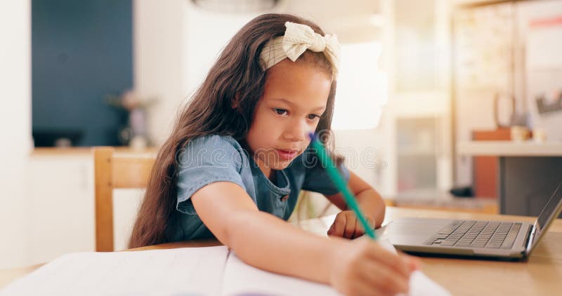 Girl, Learning and Writing with Pencil, Homework and Book for ...