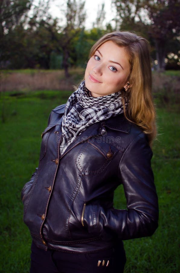 Girl in leather jacket stock photo. Image of scarf, outdoor - 38764228
