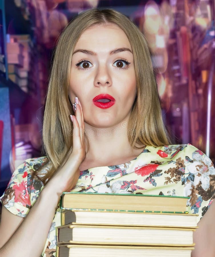 The Girl at the Library with Books Expressing Emotion Surprise S Stock ...