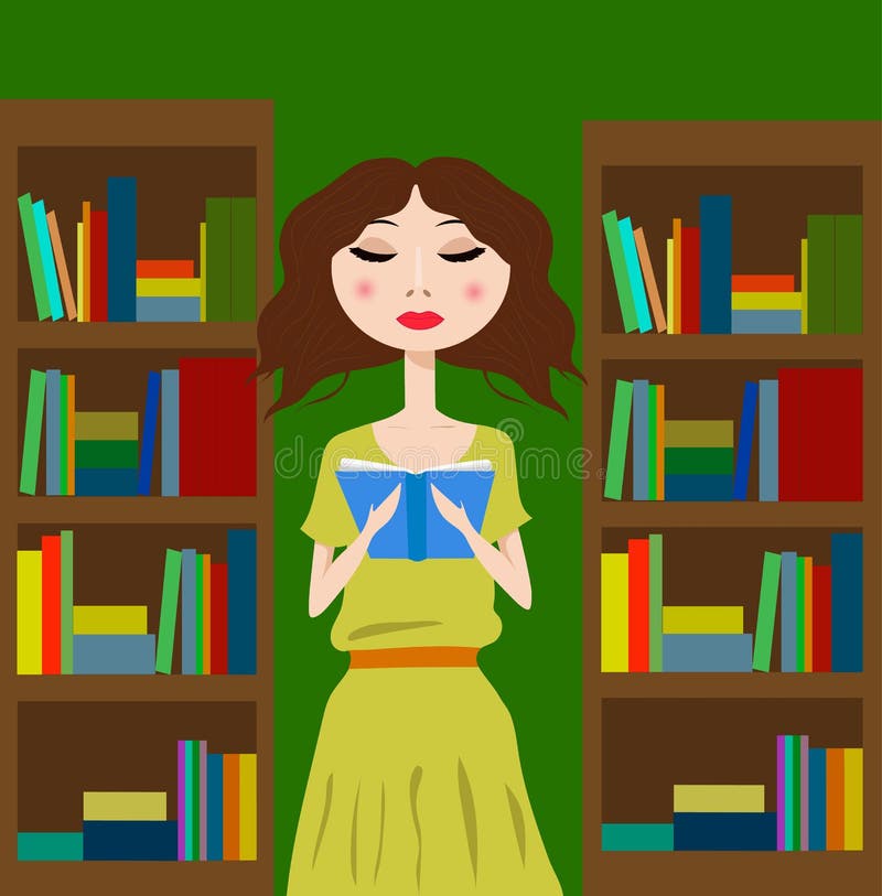 Girl in the Library or Bookstore Reading a Book Stock Vector ...