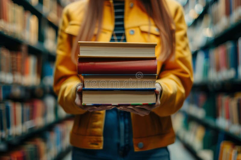 A Girl in the Library Holds a Stack of Books in Front of Her Stock ...