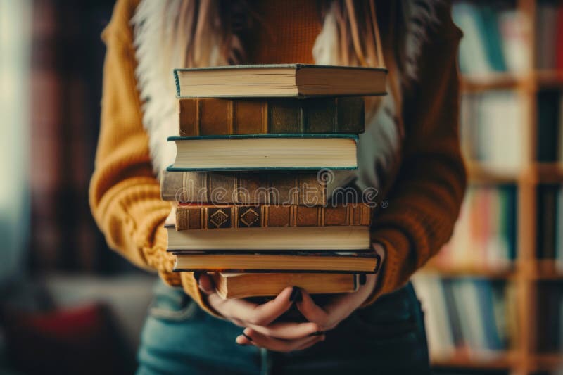 A Girl in the Library Holds a Stack of Books in Front of Her Stock ...