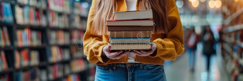 A Girl in the Library Holds a Stack of Books in Front of Her Stock ...