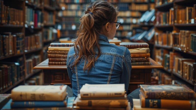 A Girl in the Library with a Large Selection of Books. a Girl is ...