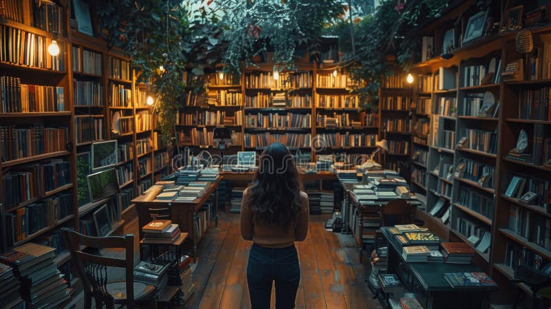 A Girl in the Library with a Large Selection of Books. a Girl is ...