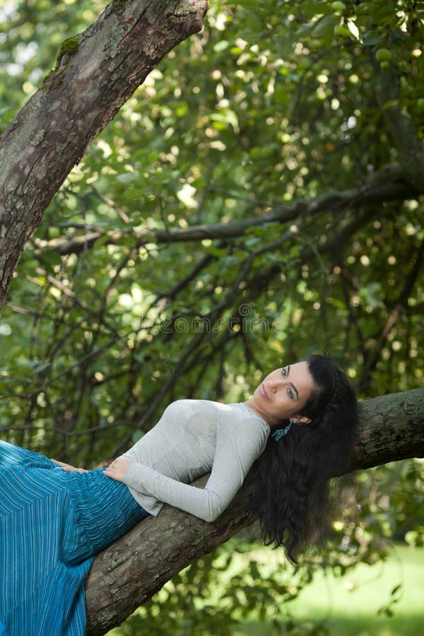 The girl on a tree stock image. Image of rest, tree, bark - 25054013