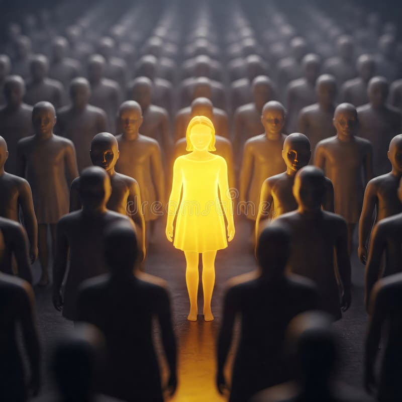 A Girl from the Light Stands Out among the Dark Crowd. Stock Image ...