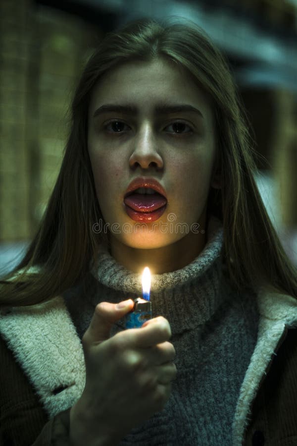 Girl with lighter stock photo. Image of cocaine, black - 106959582