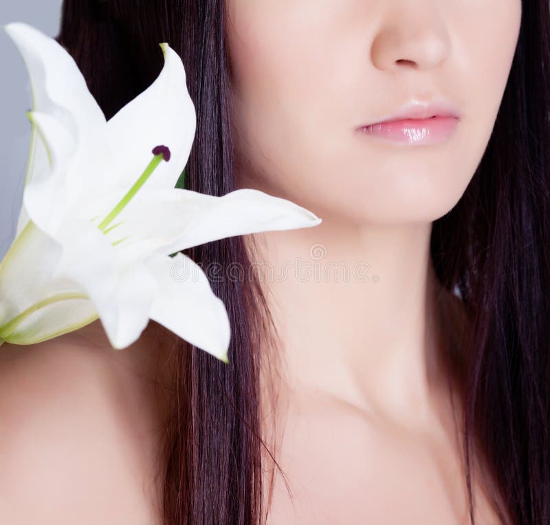 Girl with Lily Flower on Shouder Stock Image - Image of naked, female ...