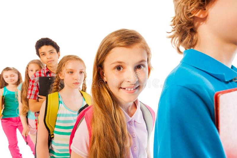 Queue of Pupils Standing Near School Bus Stock Image - Image of kids ...