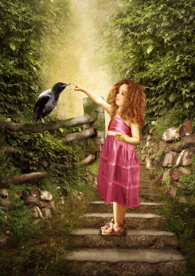 The Girl and the Little Raven Stock Illustration - Illustration of ...
