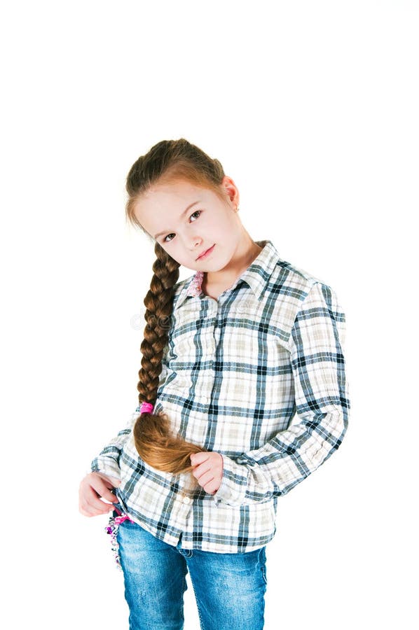 Girl with Long Braid in a Plaid Shirt and Jeans Stock Photo - Image of ...