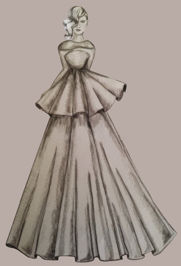 Girl in a Long Dress. Drawing by Hand Stock Vector - Illustration of ...