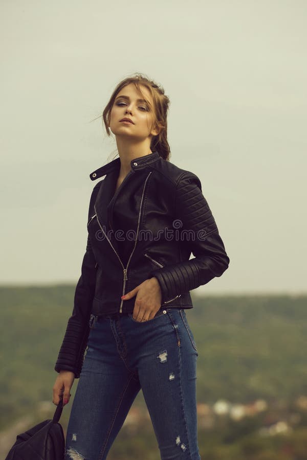 Girl with Long Hair in Leather Jacket Stock Image - Image of beauty ...