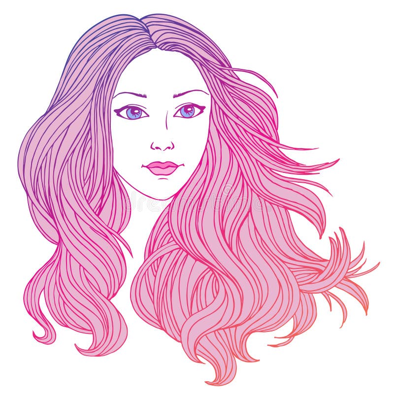 Girl With Long Wavy Hair Hand Drawn Linen Vector Illustration Stock