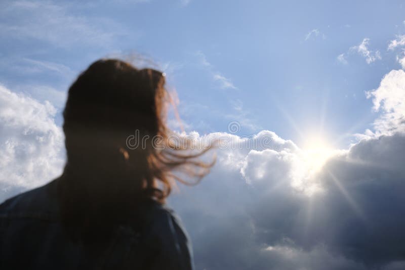 Girl Look at the Clouds and the Sun Stock Image - Image of dusk ...