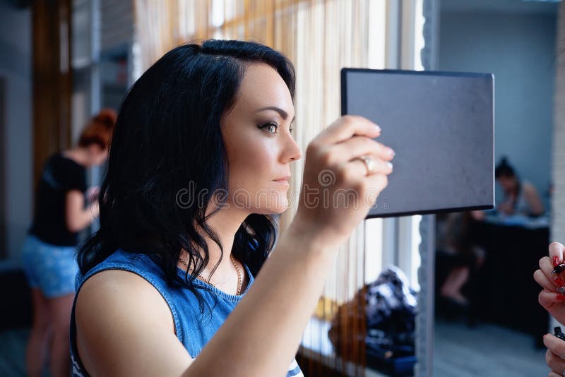 Girl Look in the Mirror and Enjoy Makeup Stock Photo - Image of cute ...