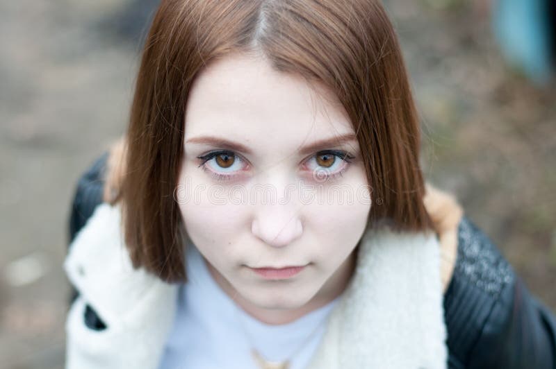 Girl look up in camera stock image. Image of brunette - 77044845