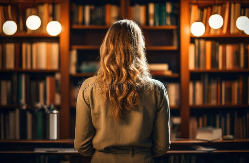 Girl Looking Back at Bookcase Stock Illustration - Illustration of ...