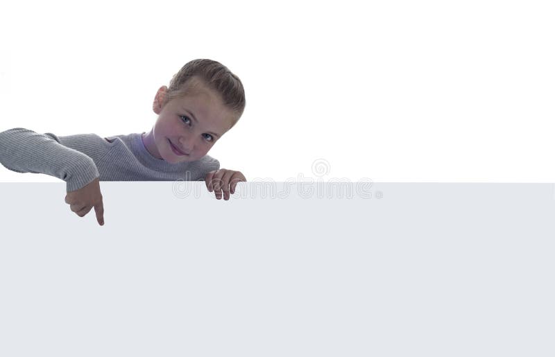 Girl is Looking from Behind an Empty Banner Stock Image - Image of copy ...