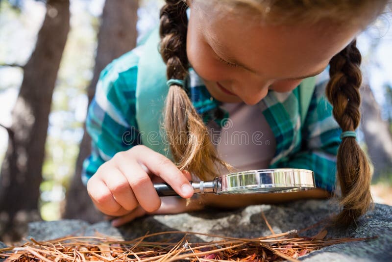 Girl Looking through Magnifying Glass in the Forest Stock Image - Image ...
