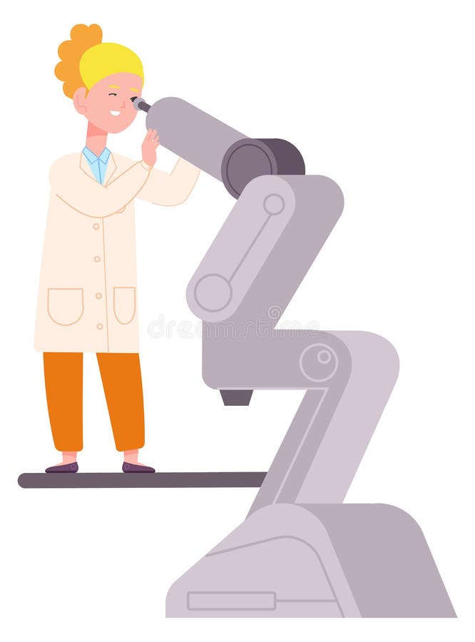 Girl Looking in Microscope. Kid Lab Scientist Character Stock Vector ...