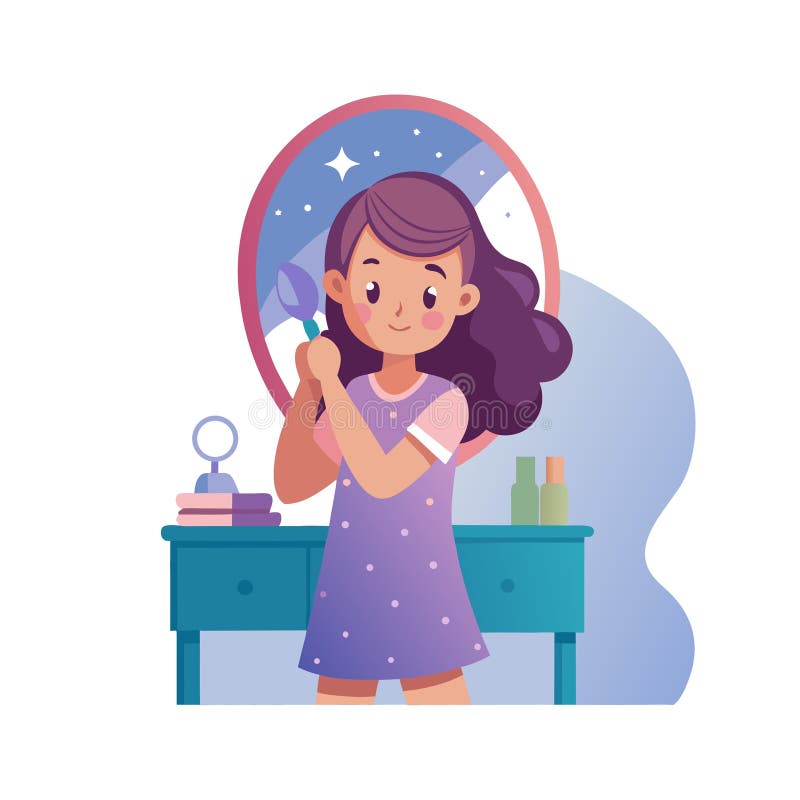 Girl Looking in a Mirror Doing Her Makeup at Her Vanity Table Stock ...
