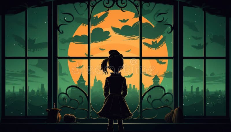 A Girl Looking Out a Window at a Full Moon. Generative AI Image. Stock ...