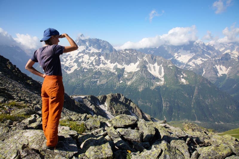 Girl Looking To Far Mountains Stock Image - Image of peak, cliff: 16279389