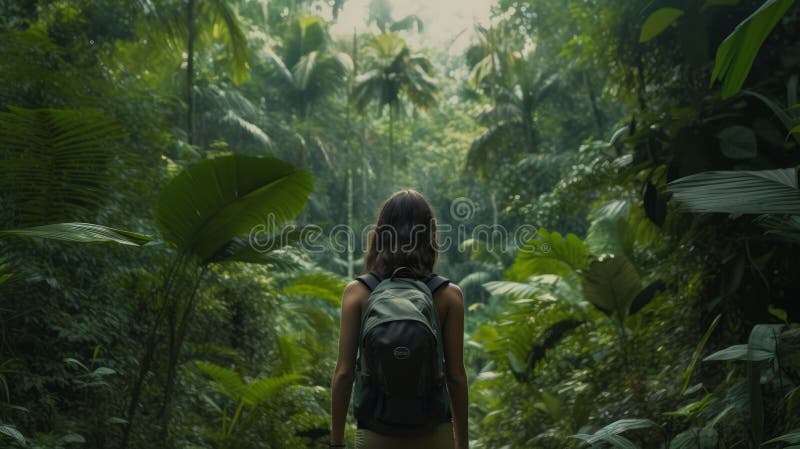 Girl Lost in Deep Jungle Back View. Generative AI. Stock Illustration ...