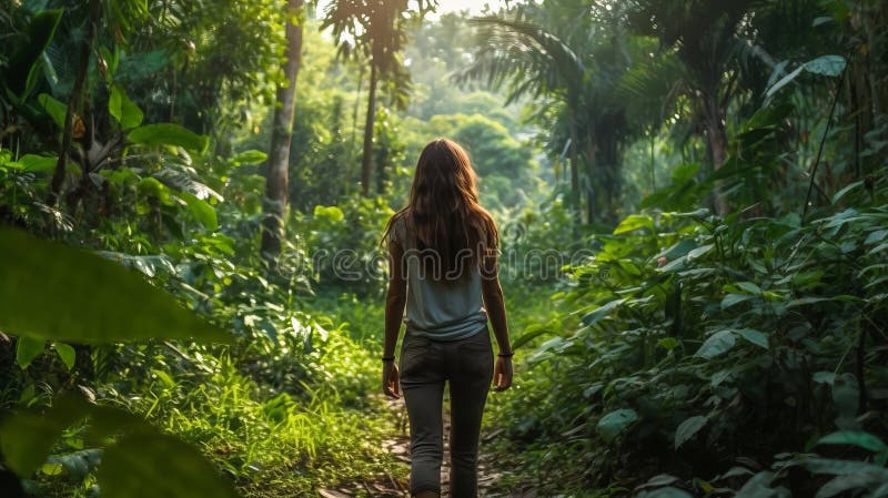 Girl Lost in Deep Jungle Back View. Generative AI. Stock Illustration ...