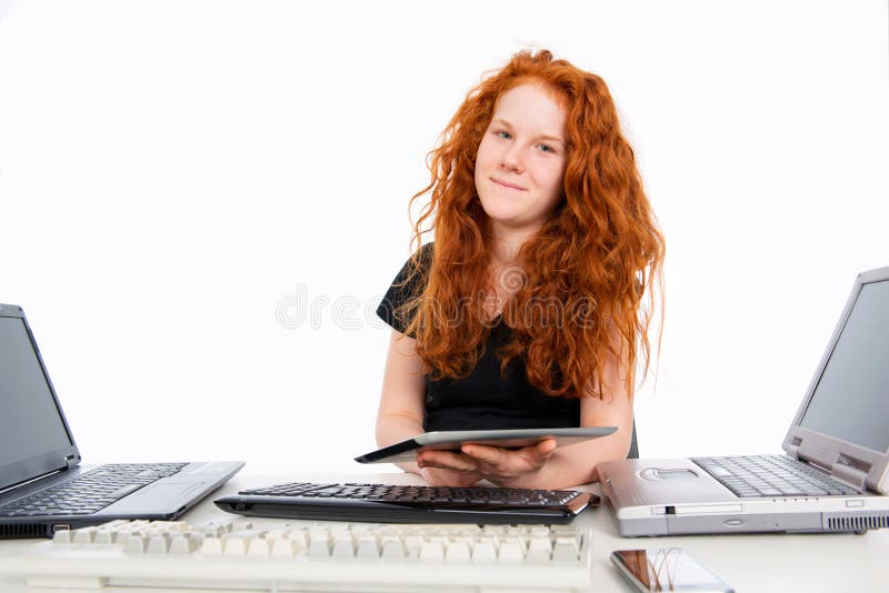 Girl with a Lot of Computer Stock Image - Image of college, girl: 41355489